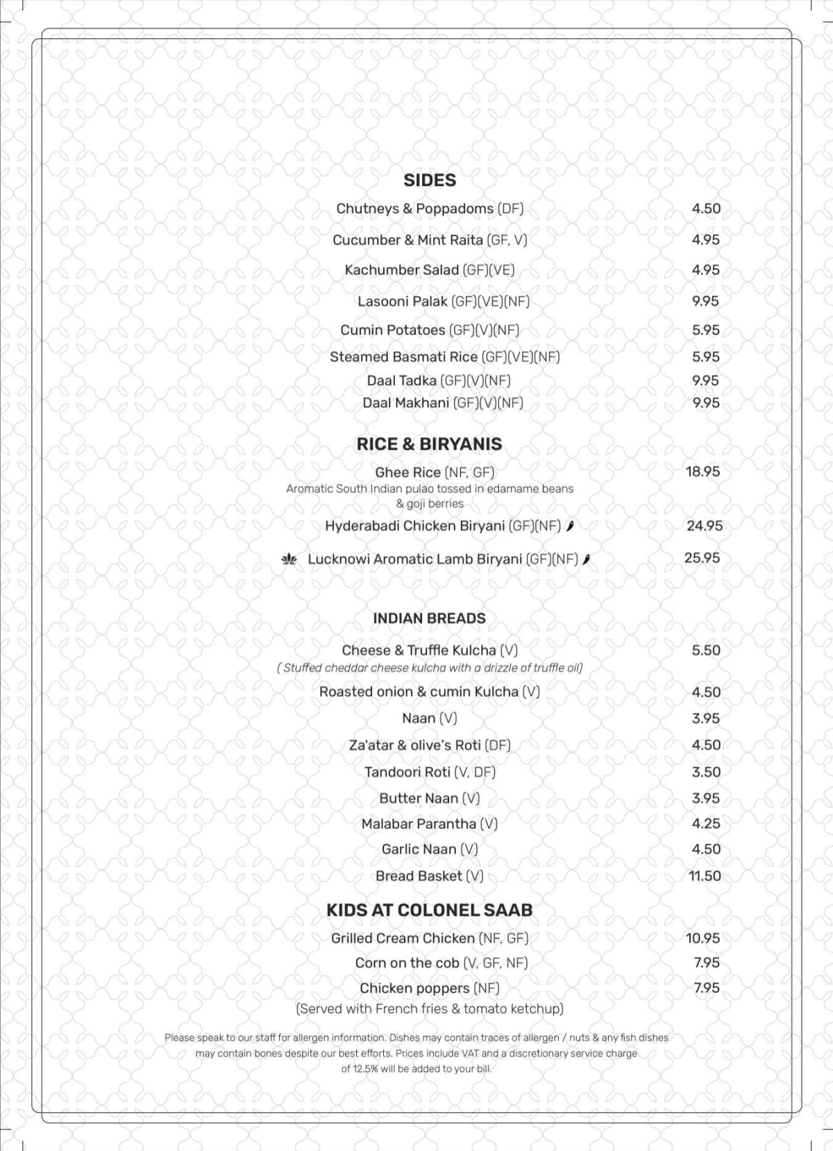 Carte et Menus 2024 - Colonel Saab High Holborn à Londres | TheFork