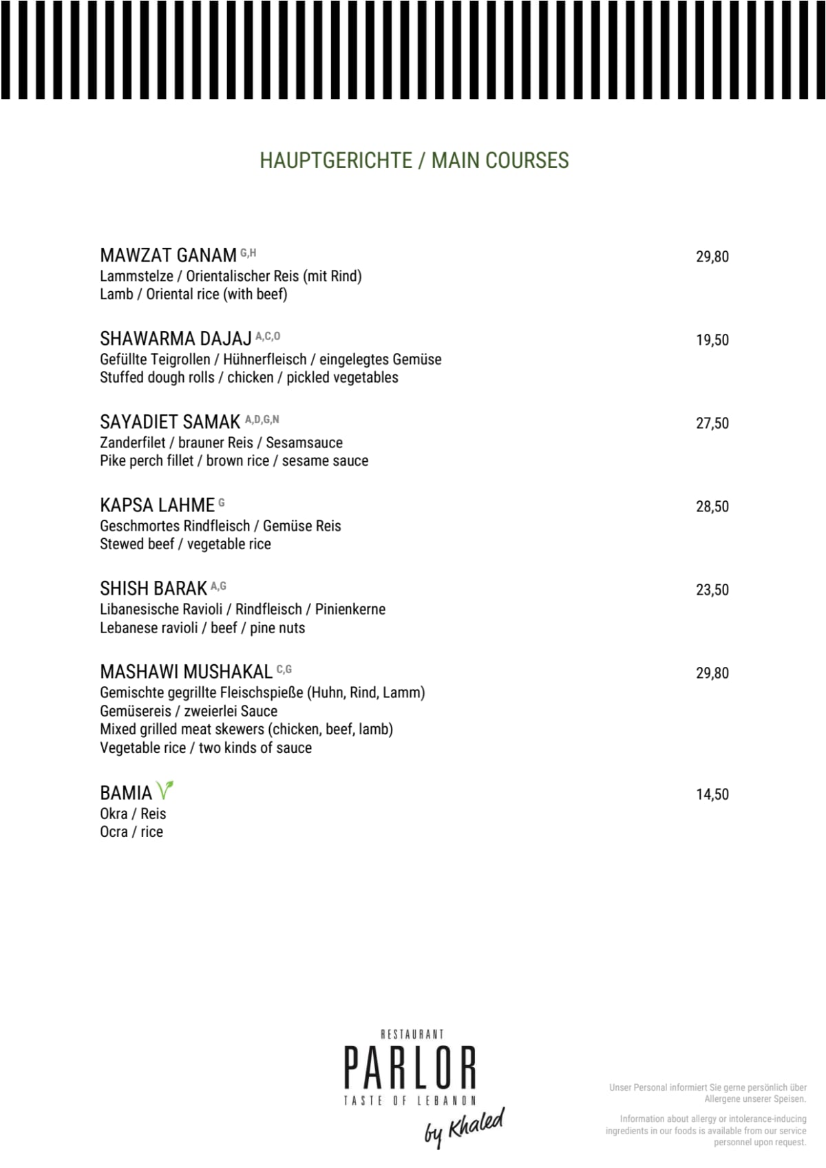 Menu 2024 - Parlor ,,Taste of Lebanon'' by Khaled in Vienna | TheFork