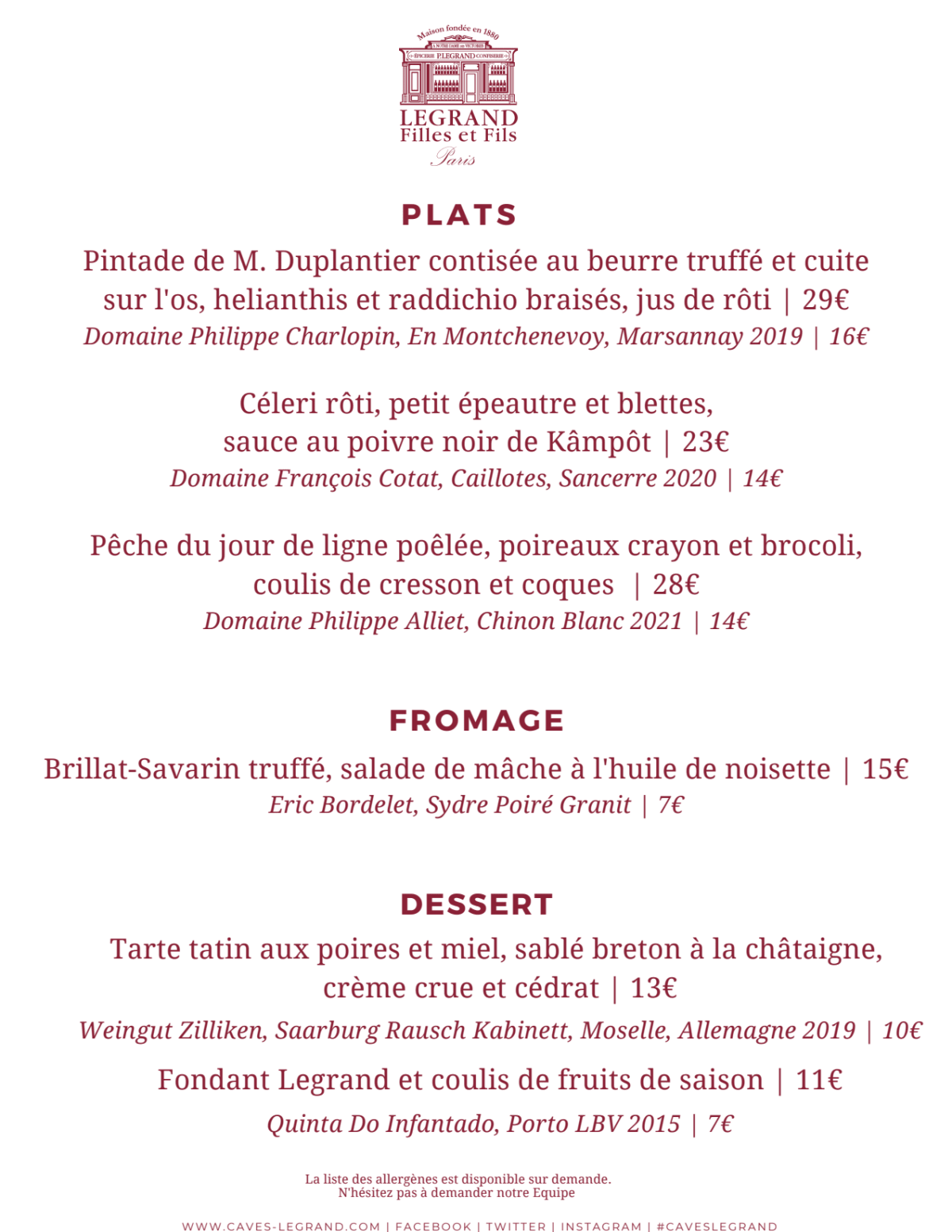 Carte et Menus 2024 - Le Comptoir des Caves Legrand à Paris | TheFork