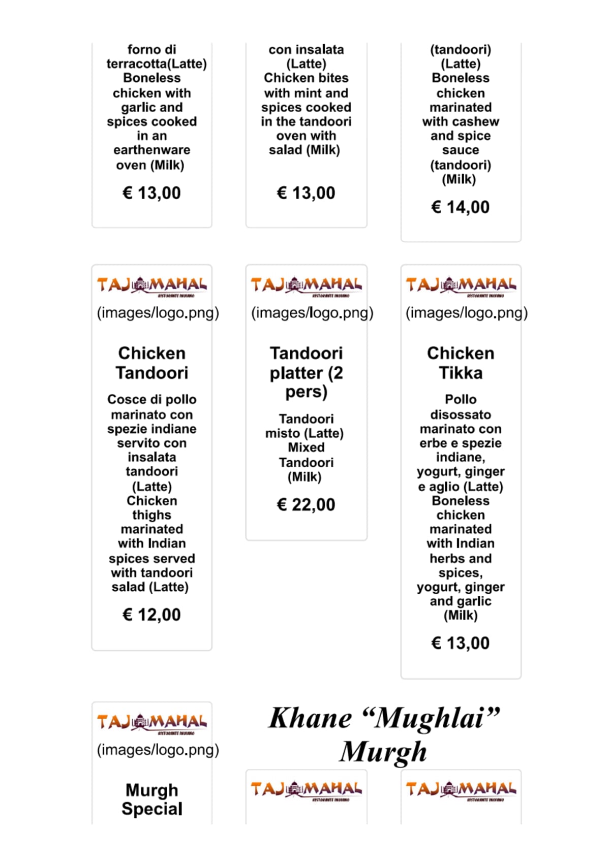 Carte et Menus 2024 - Taj Mahal Vicenza à Vicence | TheFork