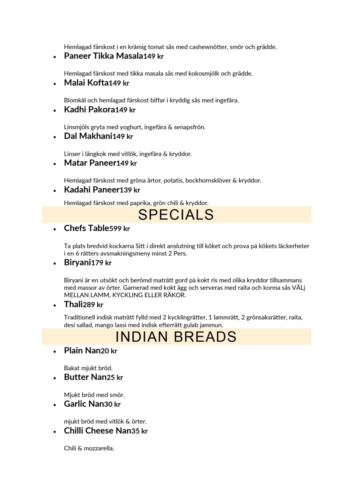 Menus 2024 - The Paradise - Pure Indian kitchen in Malmö | TheFork