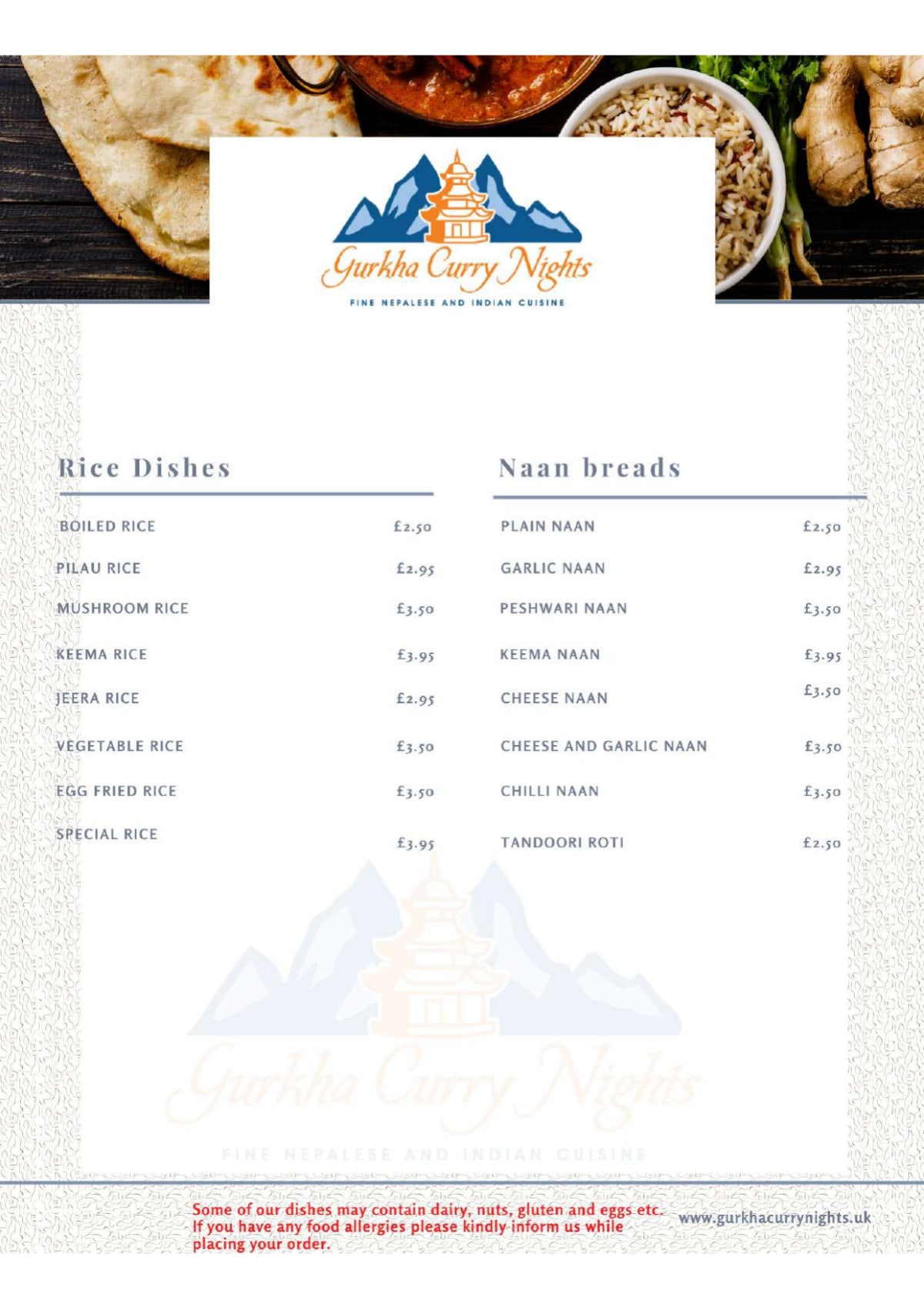 Menus 2024 - Gurkha Curry Nights in Nottingham | TheFork