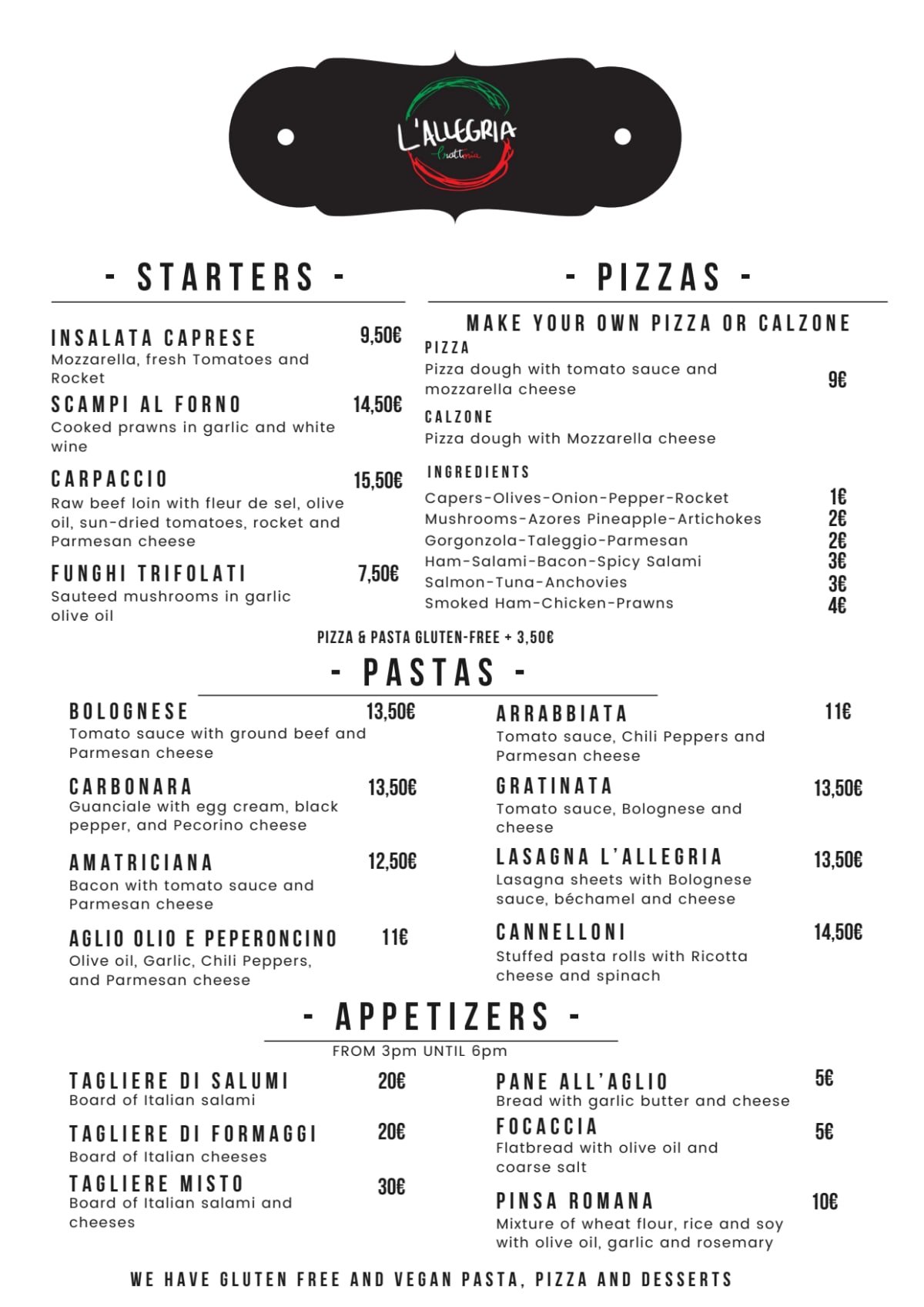 Carte et Menus 2024 - Trattoria L'Allegria à Alvor | TheFork