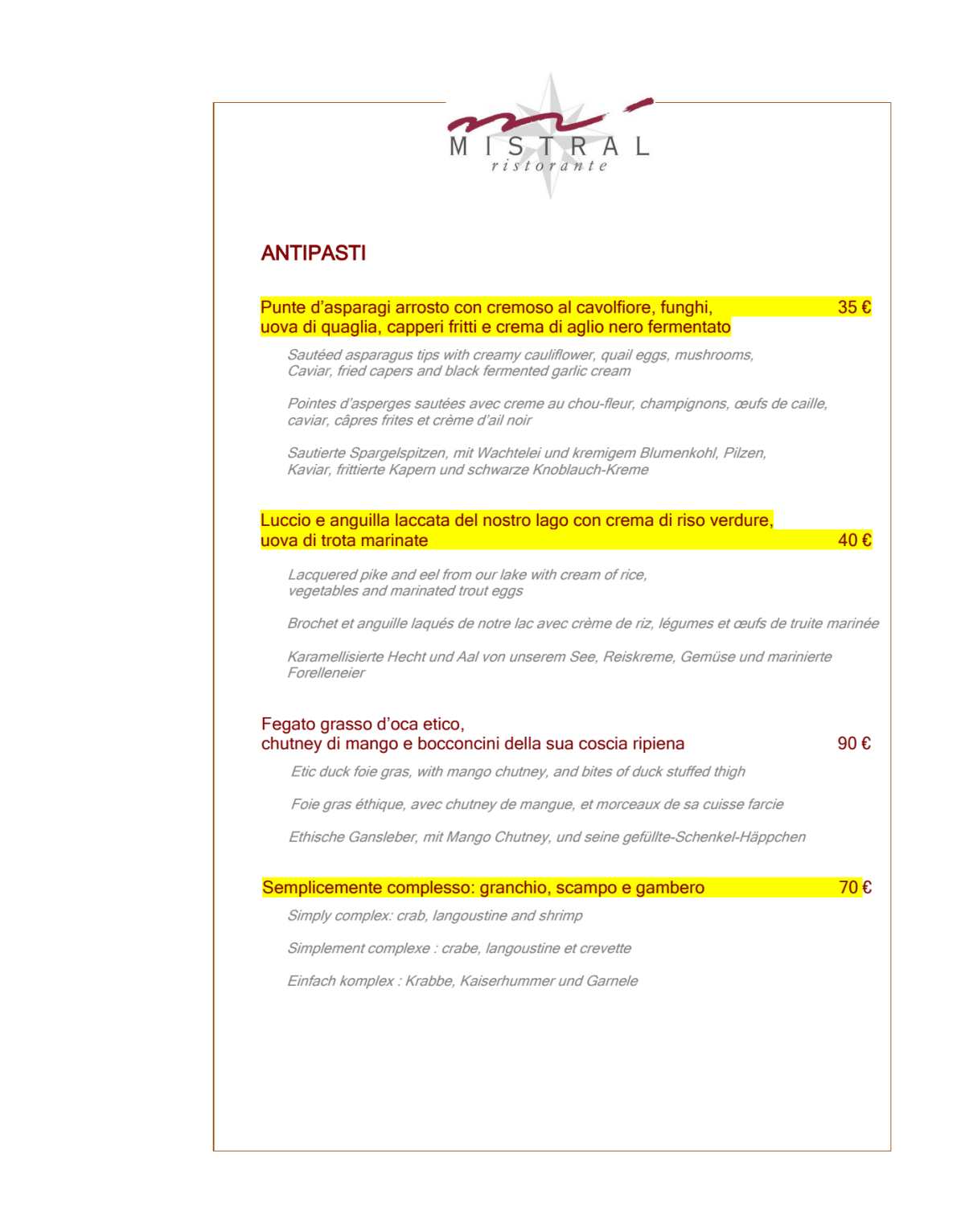 Carte et Menus 2024 - Mistral à Bellagio | TheFork