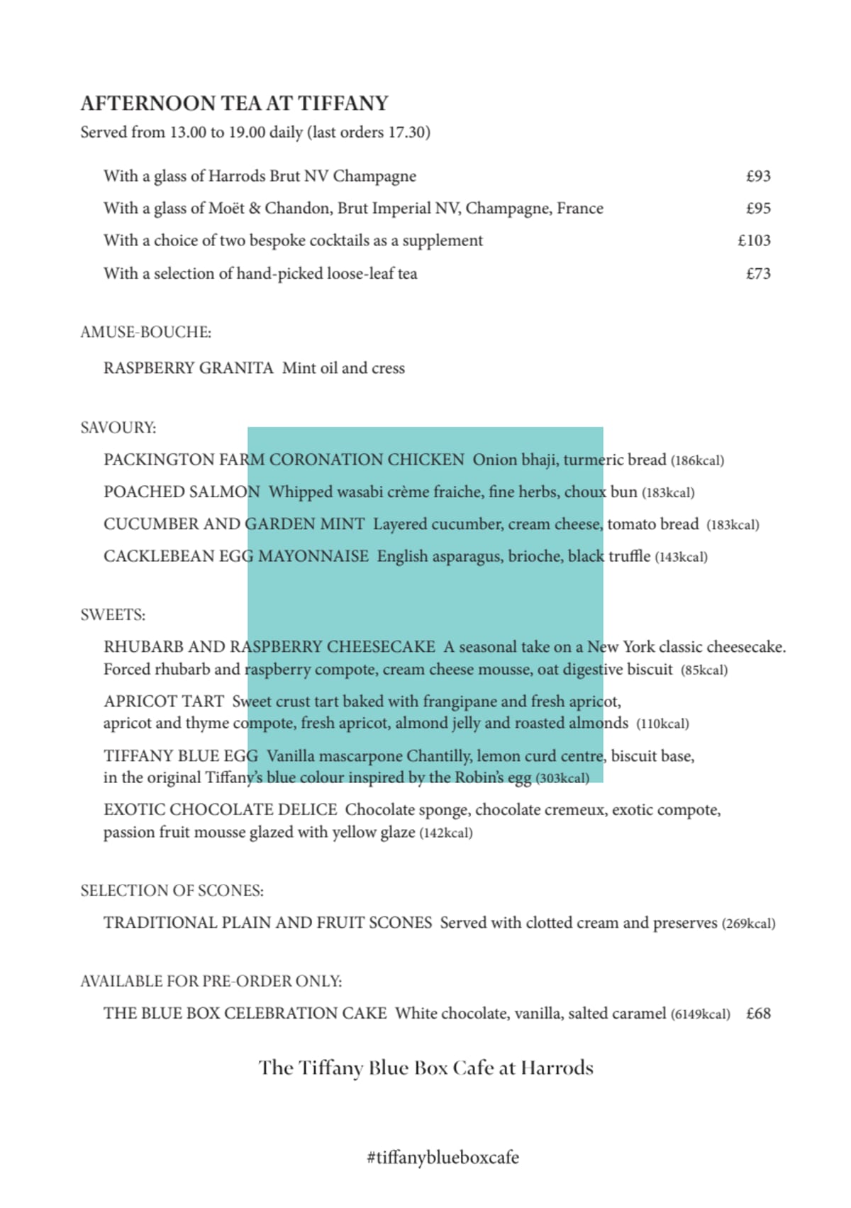 Carte et Menus 2023 - The Tiffany Blue Box Cafe at Harrods à Londres ...