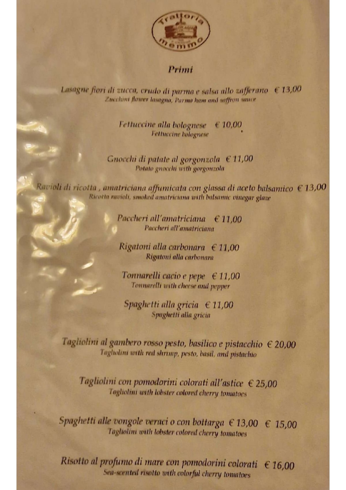 Menù completo e carta 2024 - Trattoria Memmo a Roma | TheFork