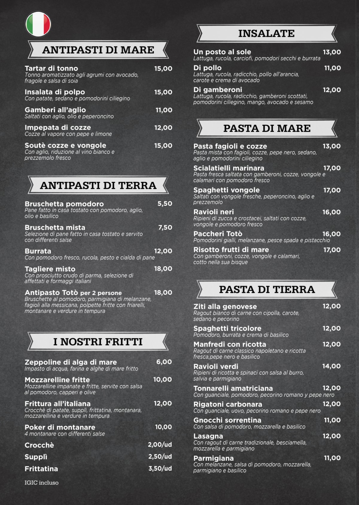 Carte et Menus 2024 - Restaurante & Pizzeria Ciao Totò à Playa De Los ...