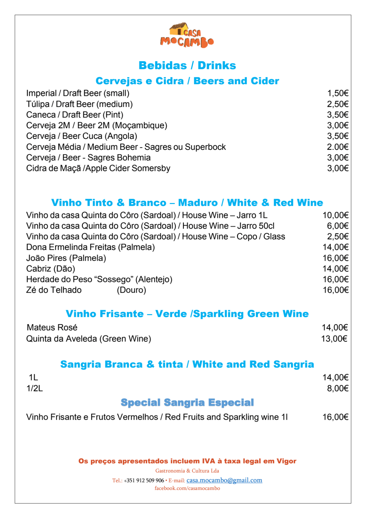 Carte et Menus 2024 - Casa Mocambo à Lisbonne | TheFork