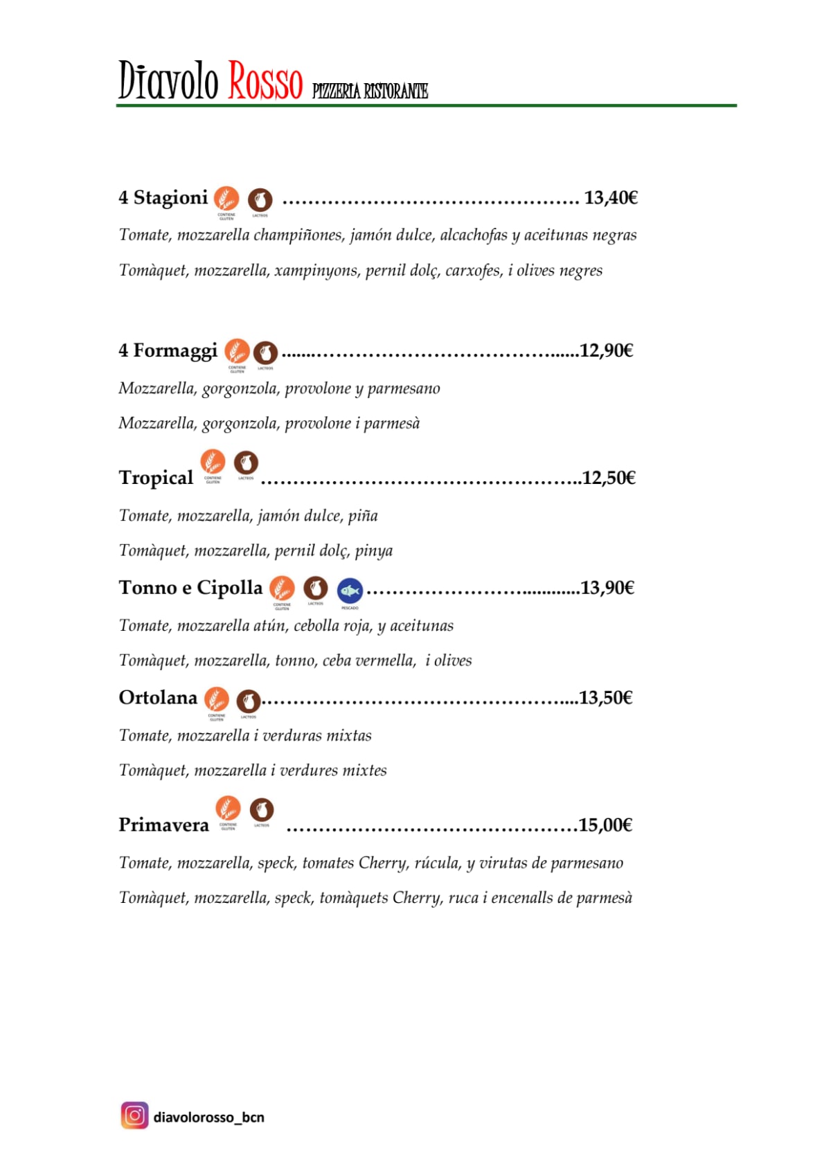 Carte et Menus 2024 - Diavolo Rosso à Barcelone | TheFork