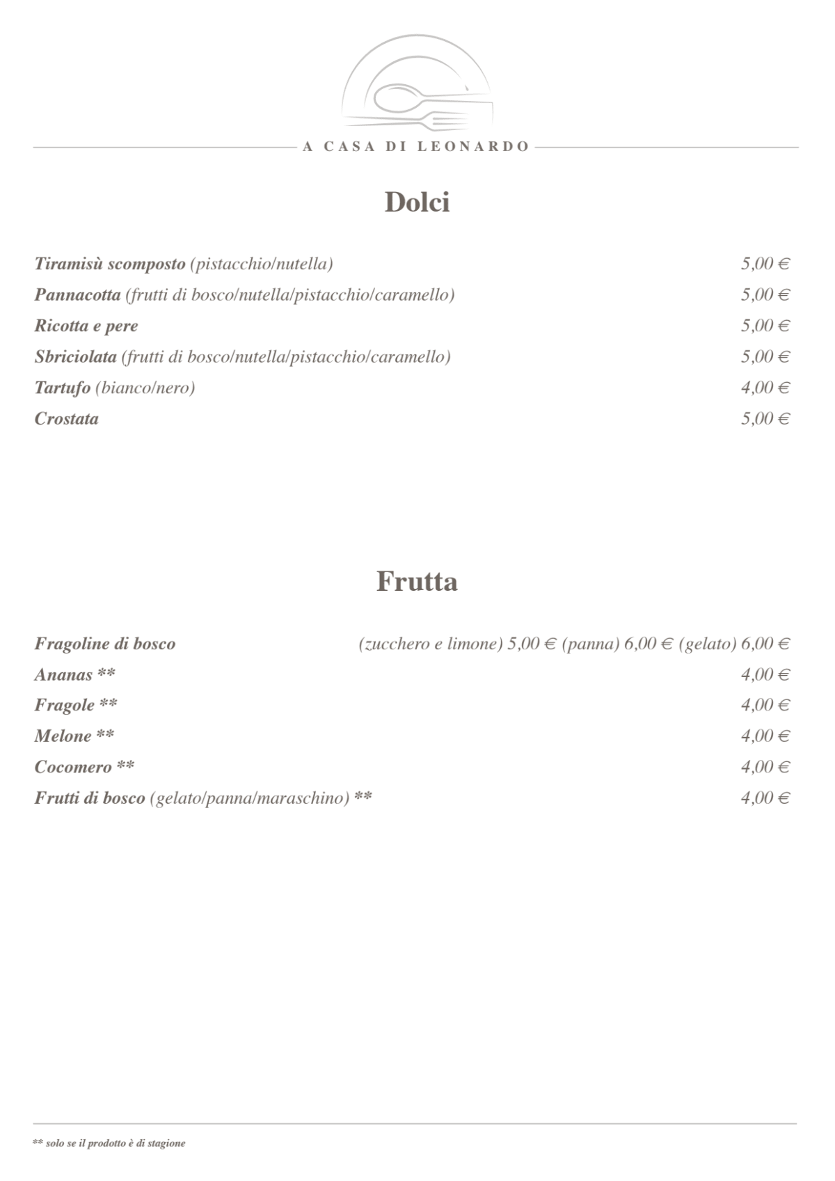 Menus 2024 - A Casa di Leonardo in Velletri | TheFork