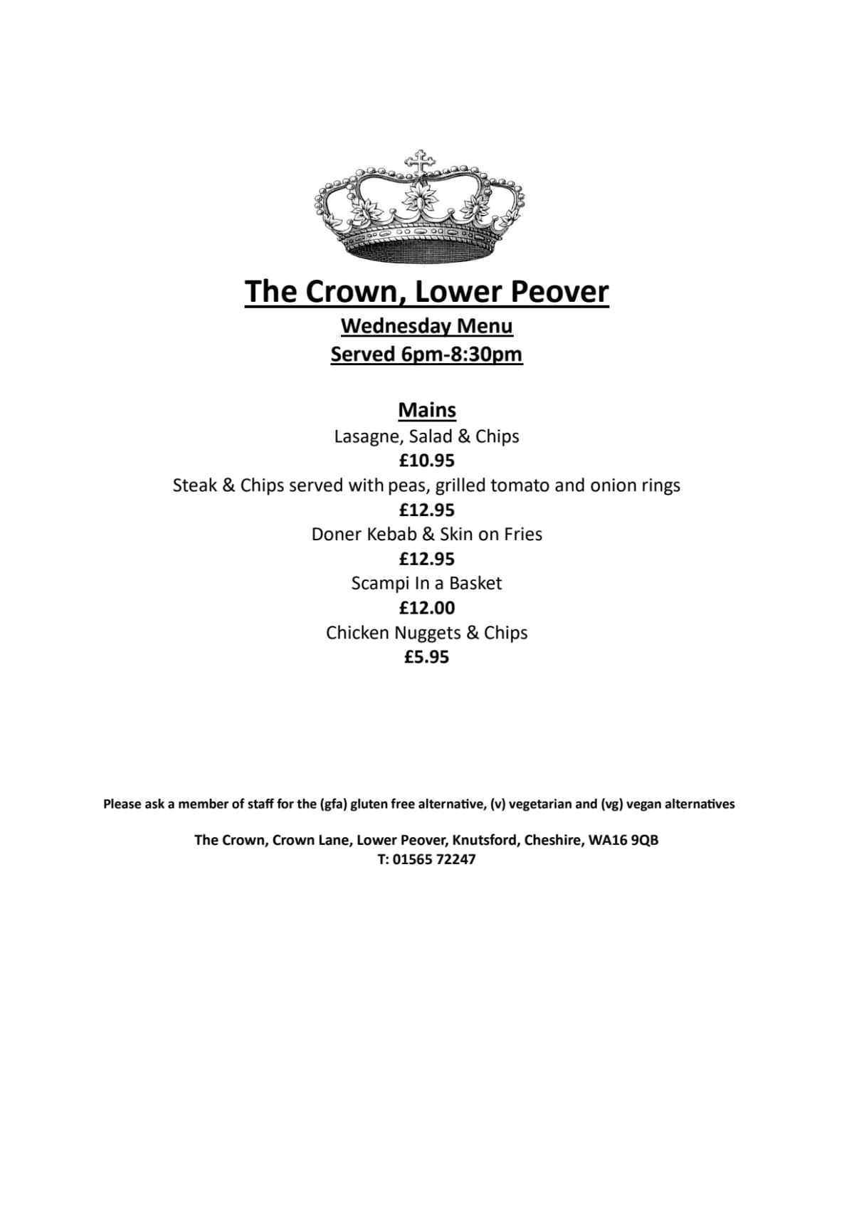 Carte et Menus 2024 - The Crown à Knutsford | TheFork