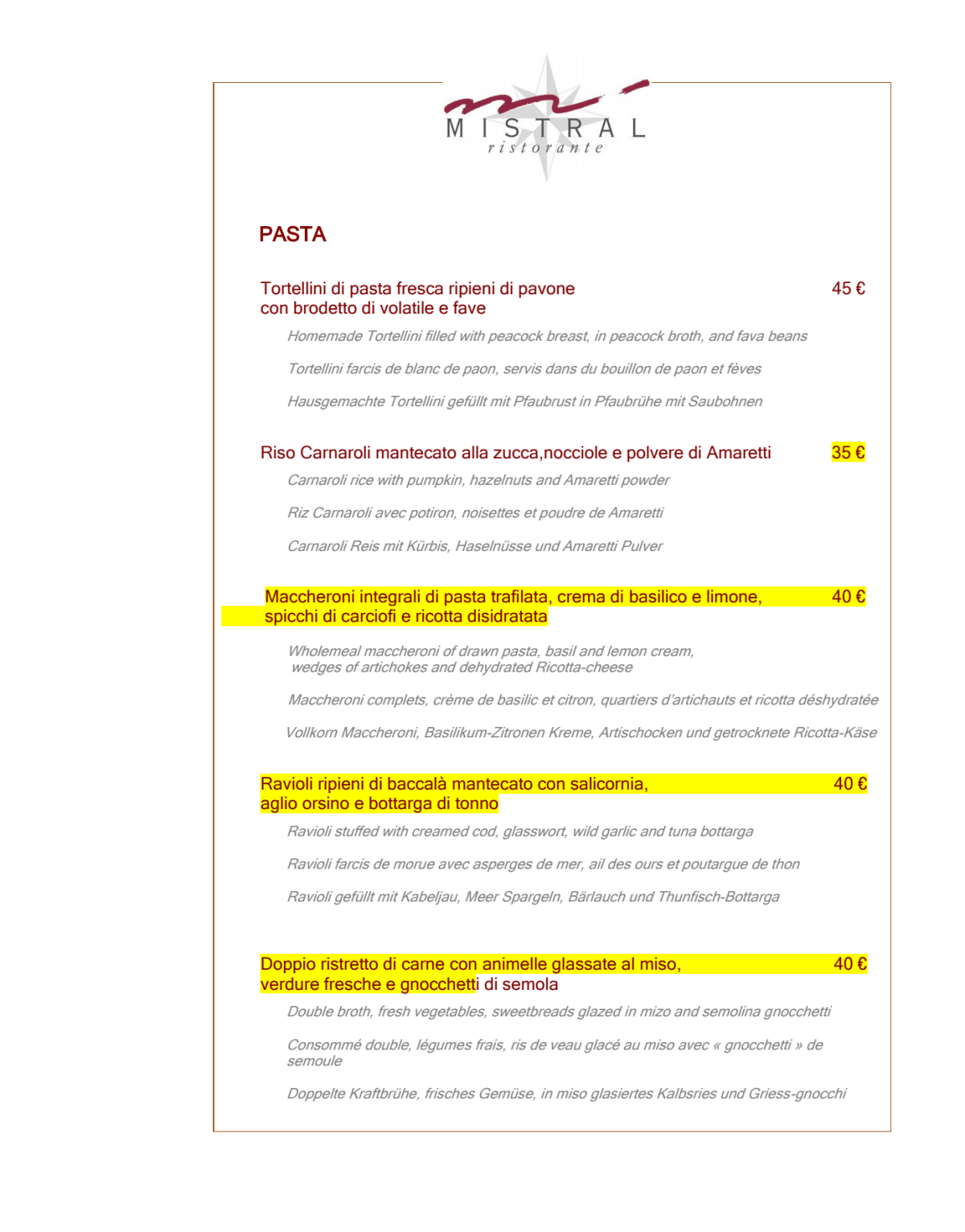 Menus 2024 - Mistral in Bellagio | TheFork