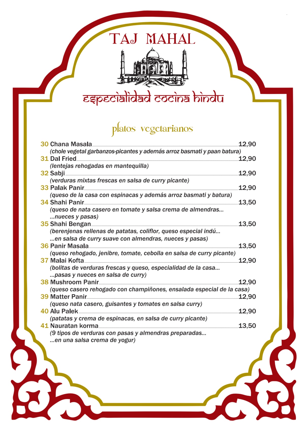 Menù completo e carta 2024 - Taj Mahal Especialitat Cuina Hindú a ...