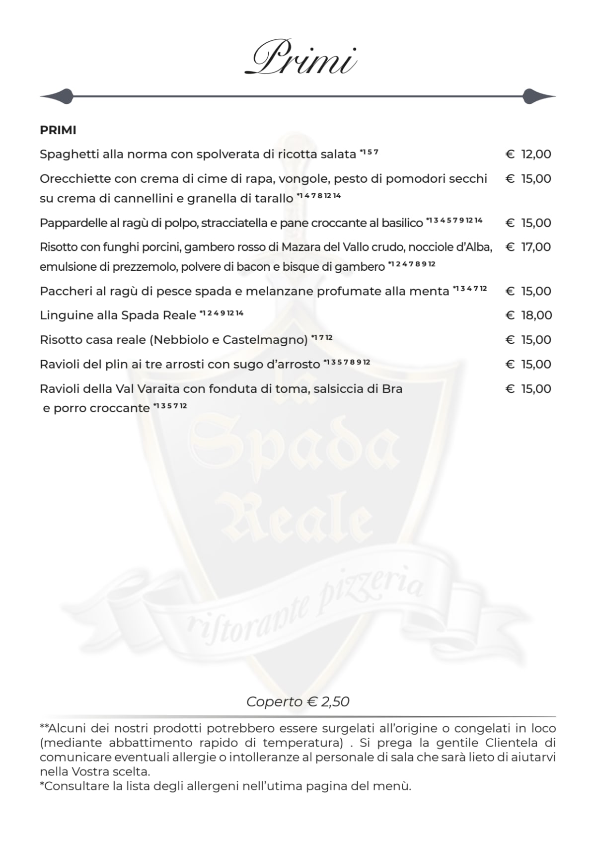 Carte et Menus 2024 - La Spada Reale à Turin | TheFork