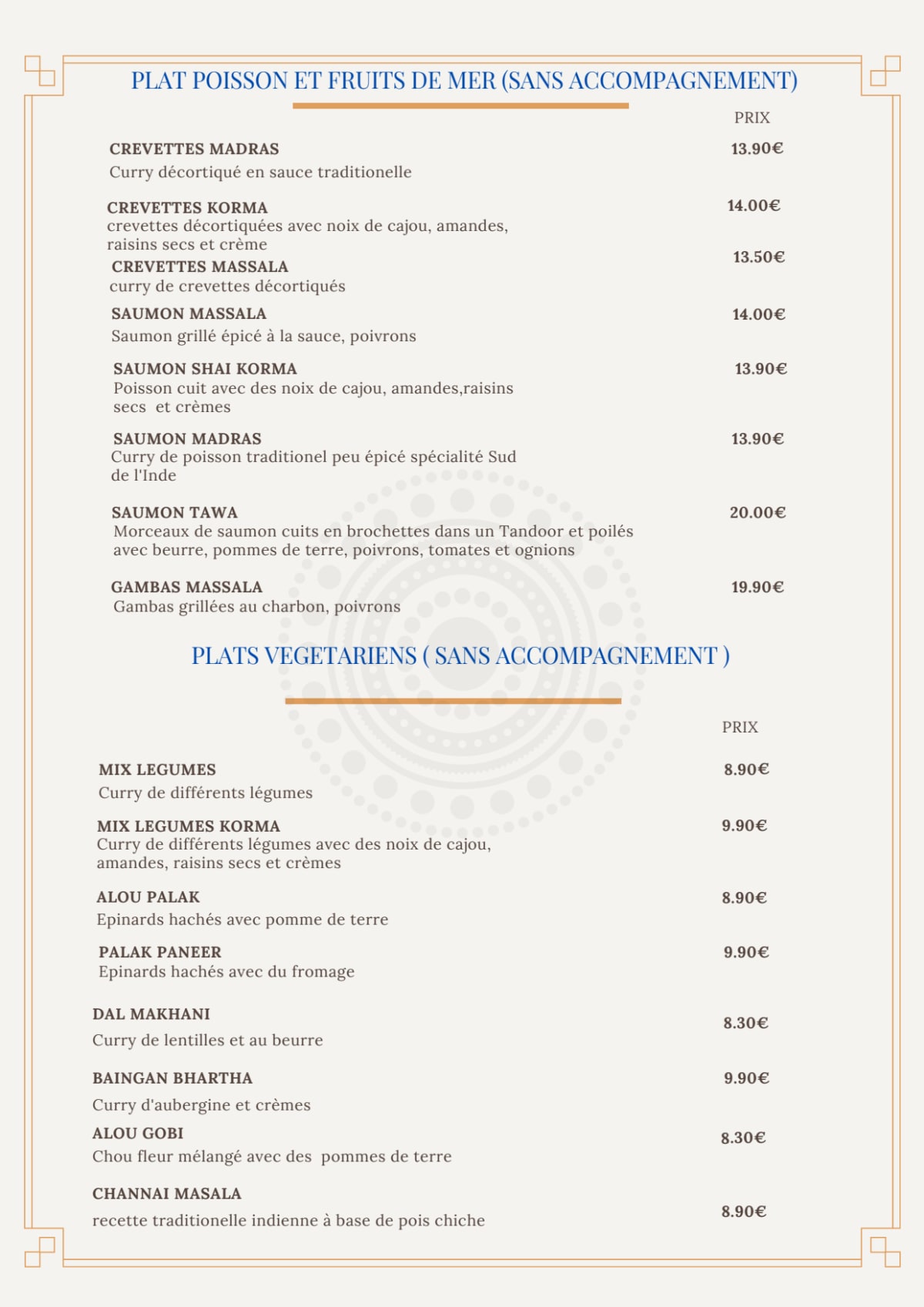 Carte et Menus 2024 - Restaurant indien Punjab à Provins | TheFork
