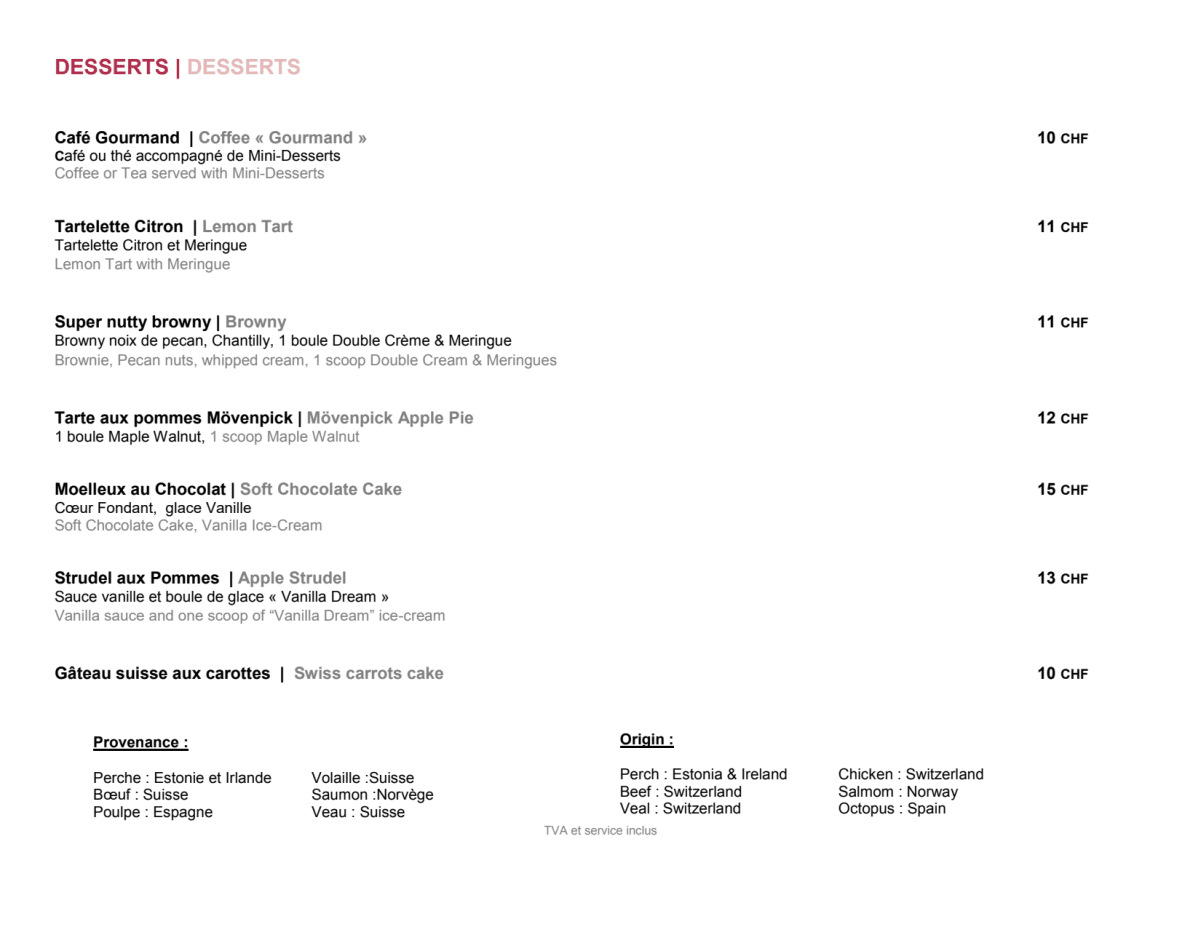 Carte et Menus 2023 - Mövenpick Restaurant Lausanne à Lausanne | TheFork