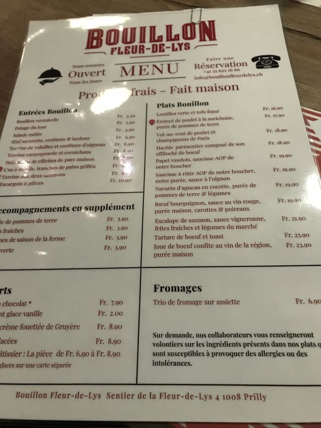 Carte et Menus 2025 - Bouillon Fleur-de-Lys à Prilly | TheFork