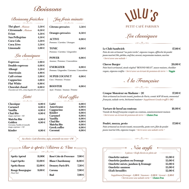 Carte et Menus 2025 - Lulu’s à Paris | TheFork