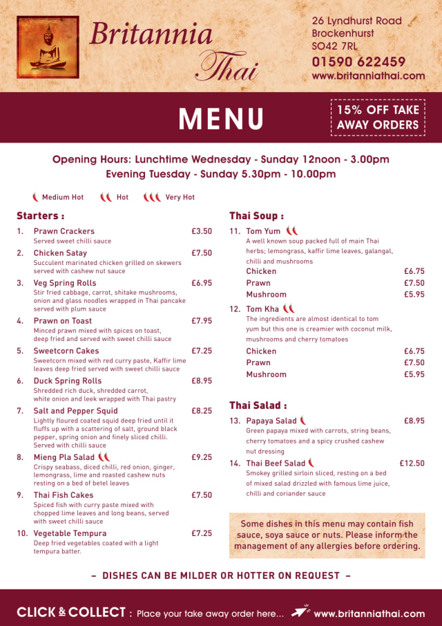 Menus 2024 - Britannia Thai - Milford on Sea in Lymington | TheFork