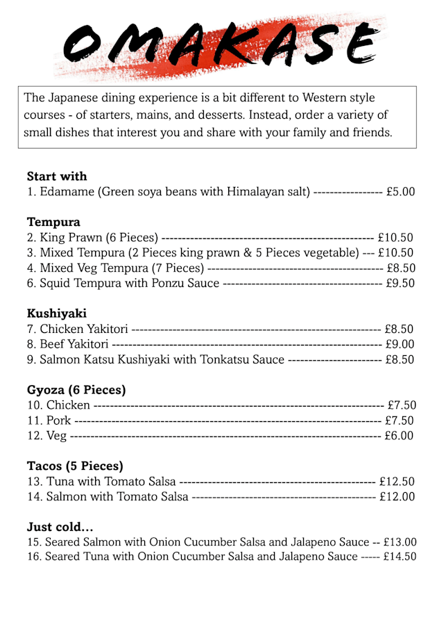 Menus 2025 - Omakase Japanese Restaurant in Basingstoke | TheFork