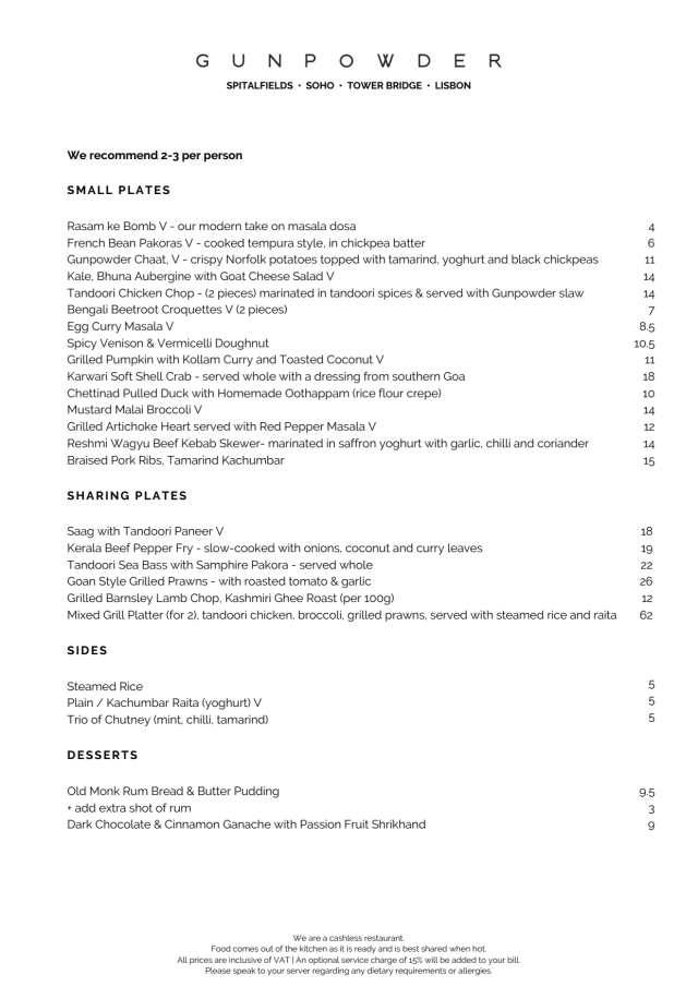 Menus 2025 - Gunpowder - Tower Bridge in London | TheFork