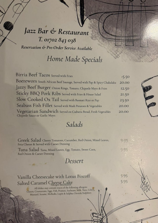 Carte et Menus 2025 - Jazz Bar & Restaurant à Westcliff-on-Sea | TheFork