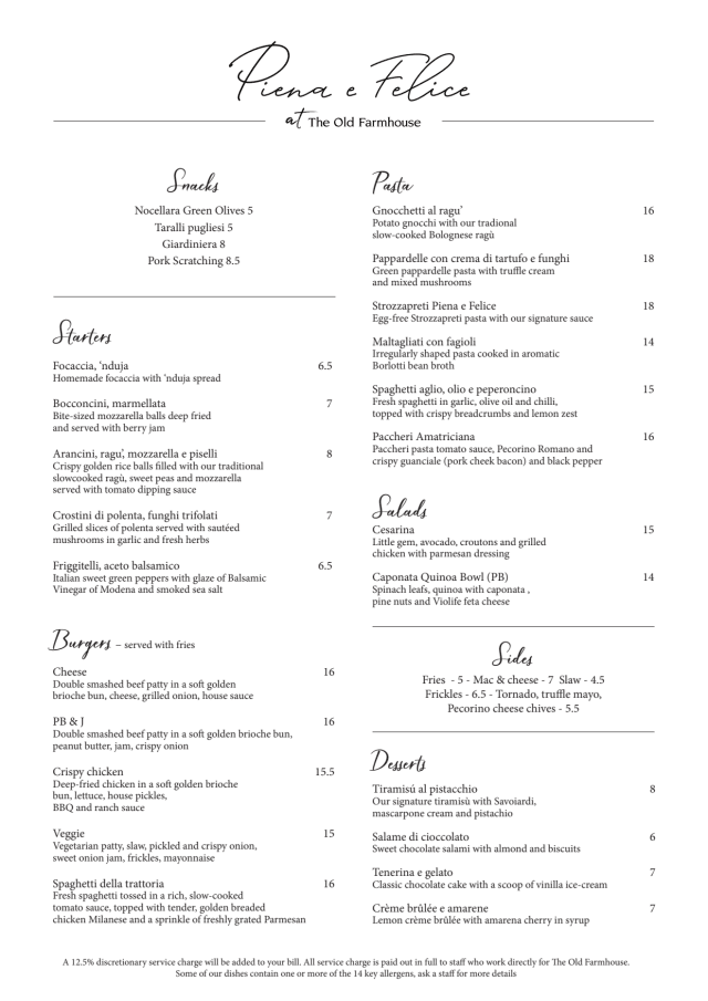 Menus 2025 - The Old Farmhouse in London | TheFork