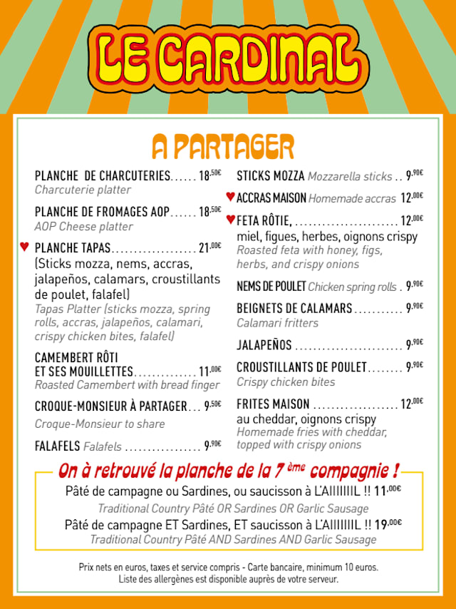 Carte et Menus 2025 - Le cardinal à Paris | TheFork