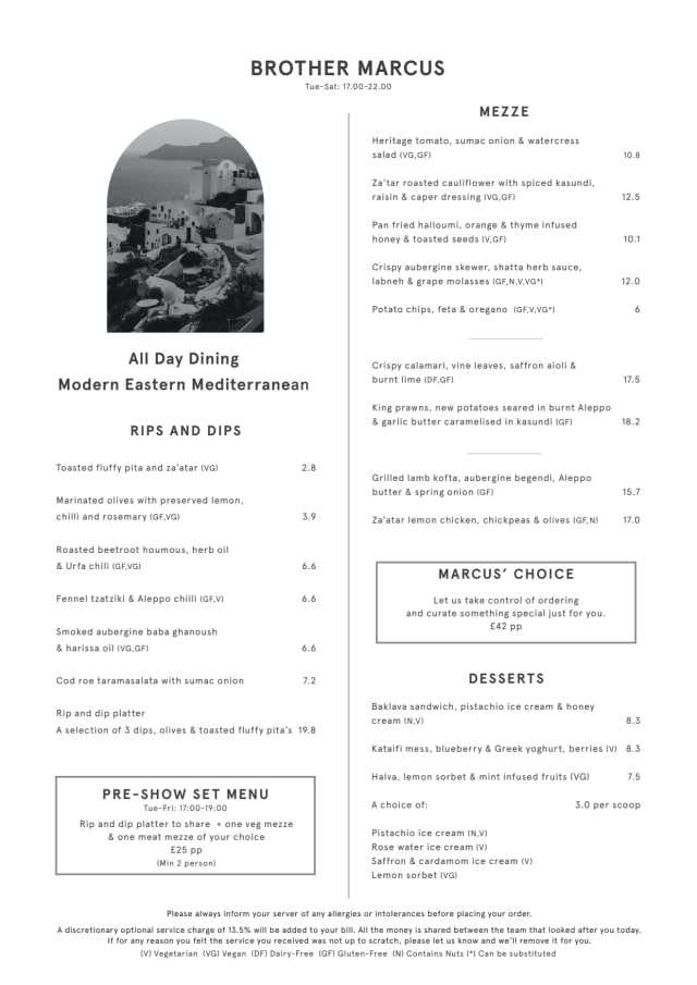 Menus 2025 - Brother Marcus South Kensington in London | TheFork