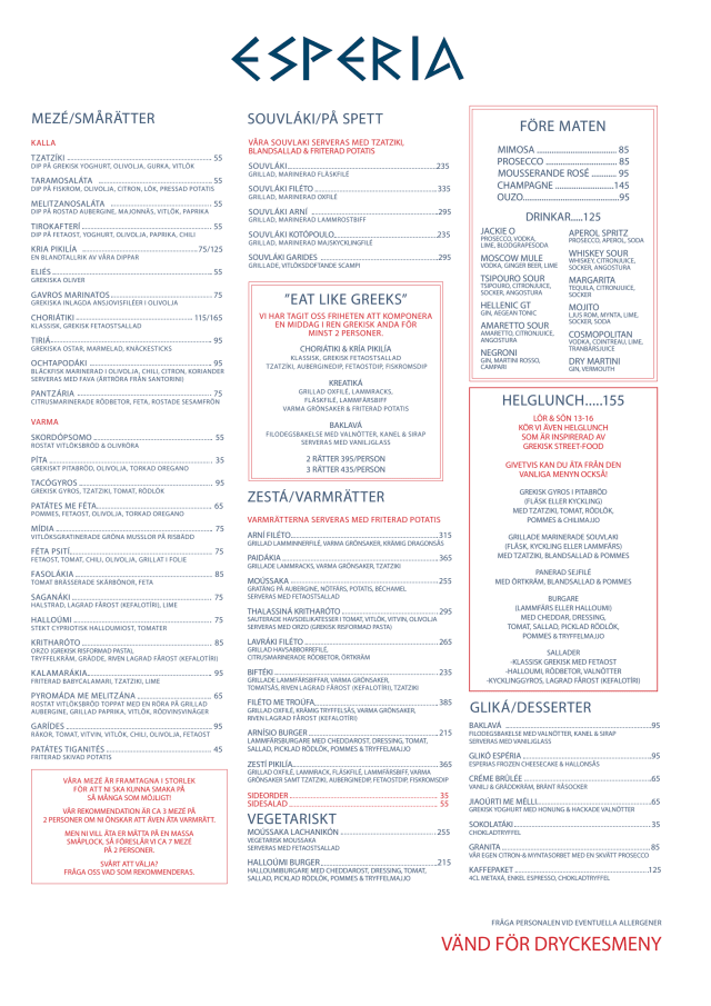 Esperia i Stockholm - Restaurangens meny, öppettider, bokning ...