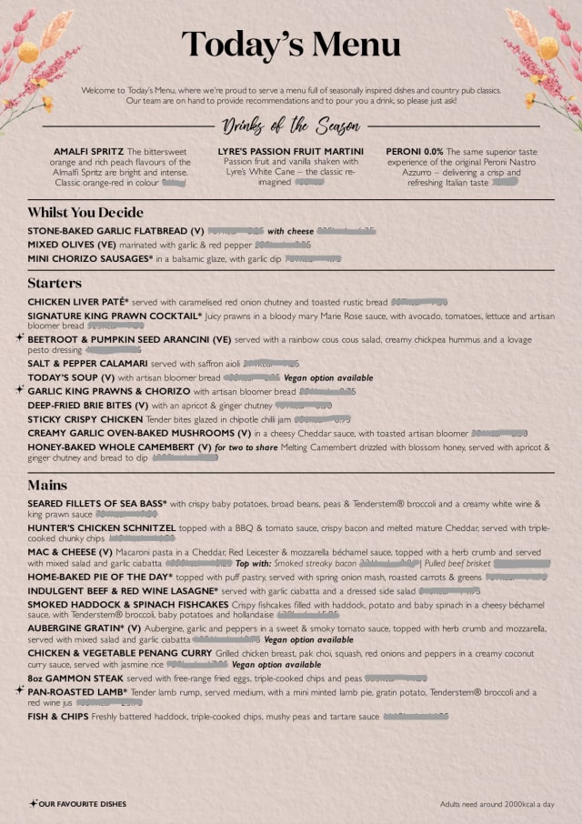 Menus 2025 - The Shy Horse in Chessington | TheFork