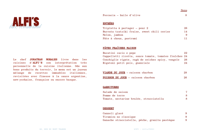 Menu 2025 - Alfi's Paris in Paris | TheFork