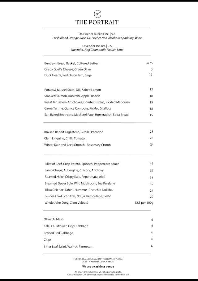 Menu 2025 - The Portrait Restaurant by Richard Corrigan in London | TheFork