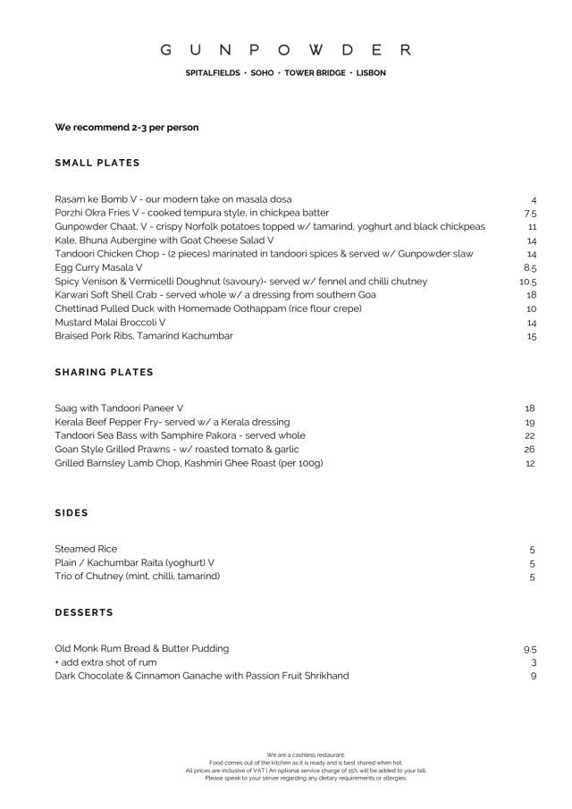 Menus 2025 - Gunpowder - Spitalfields in London | TheFork