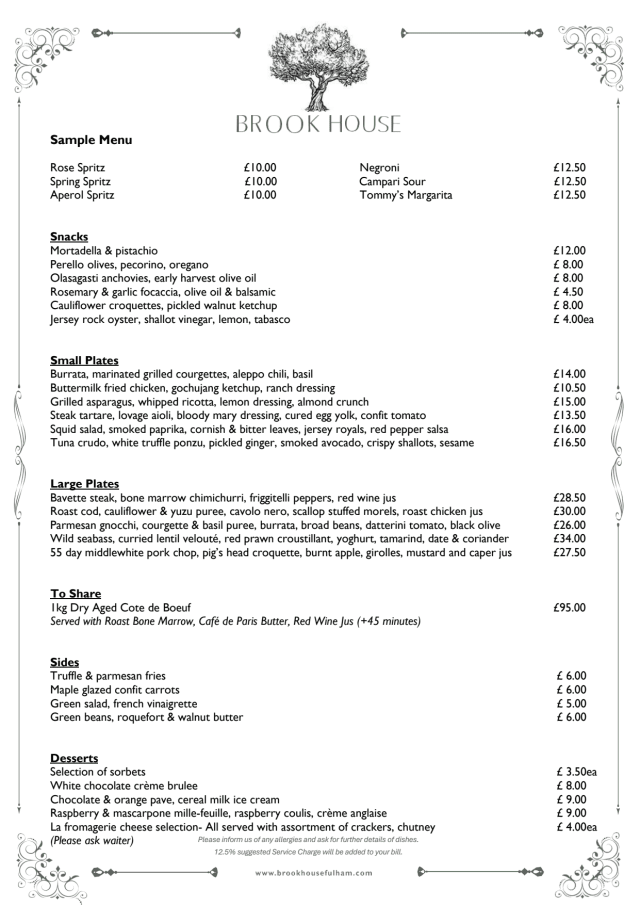 Menus 2025 - Brook House Fulham in London | TheFork