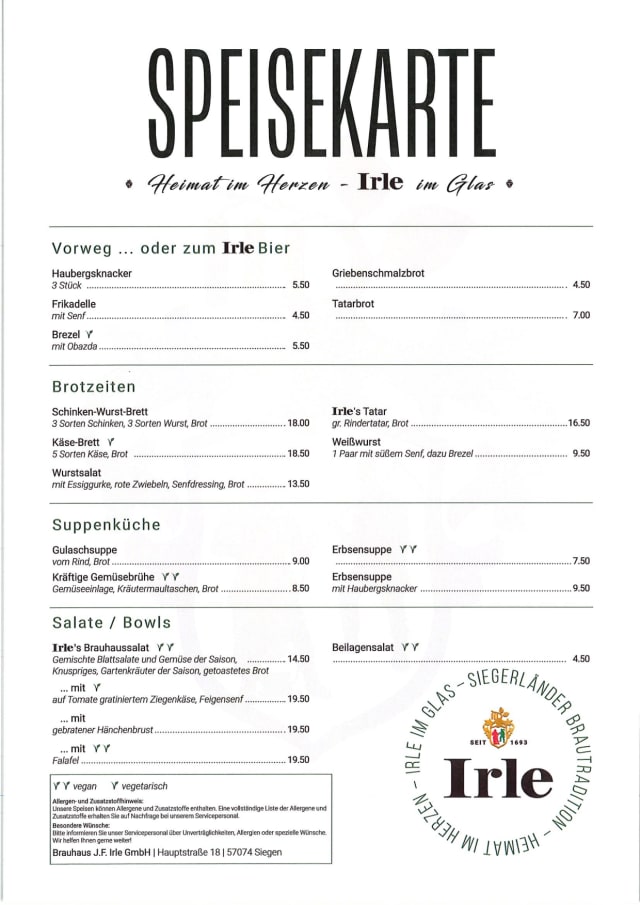 Menus 2025 - Irle Brauhaus in Siegen | TheFork