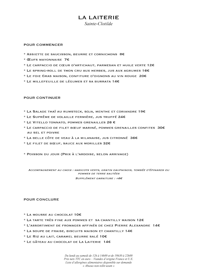 Carte et Menus 2025 - La Laiterie Sainte Clotilde à Paris | TheFork