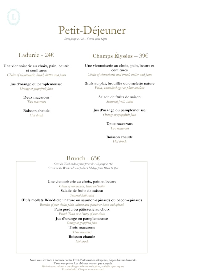 Carte et Menus 2025 - Ladurée Paris Royale à Paris | TheFork