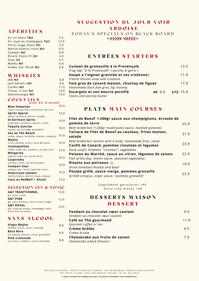 Carte et Menus 2025 - Au Chien qui Fume à Versailles | TheFork