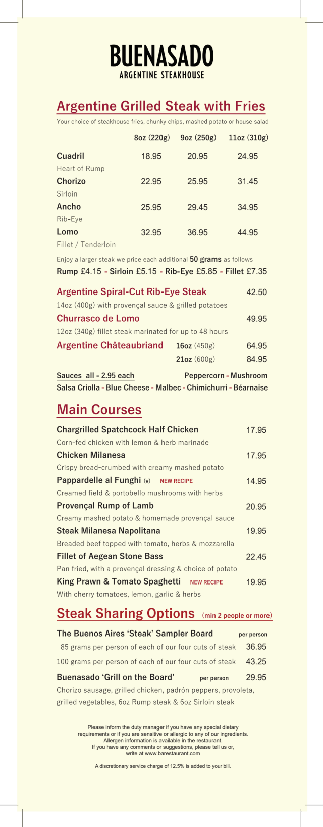 Menus 2025 - BuenAsado Argentine Steakhouse - Reading in Reading | TheFork