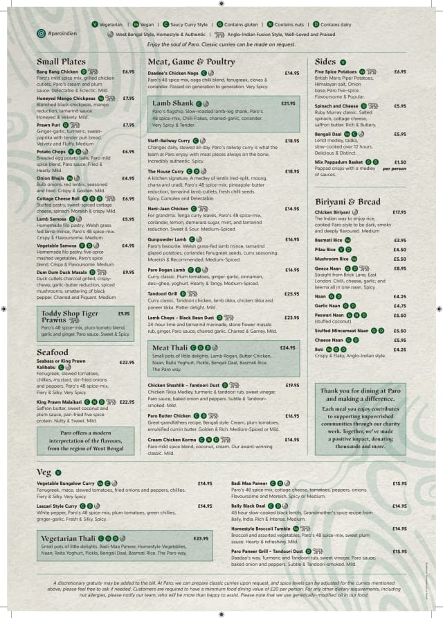 Menus 2025 - Paro Indian - Covent Garden & Strand in London | TheFork