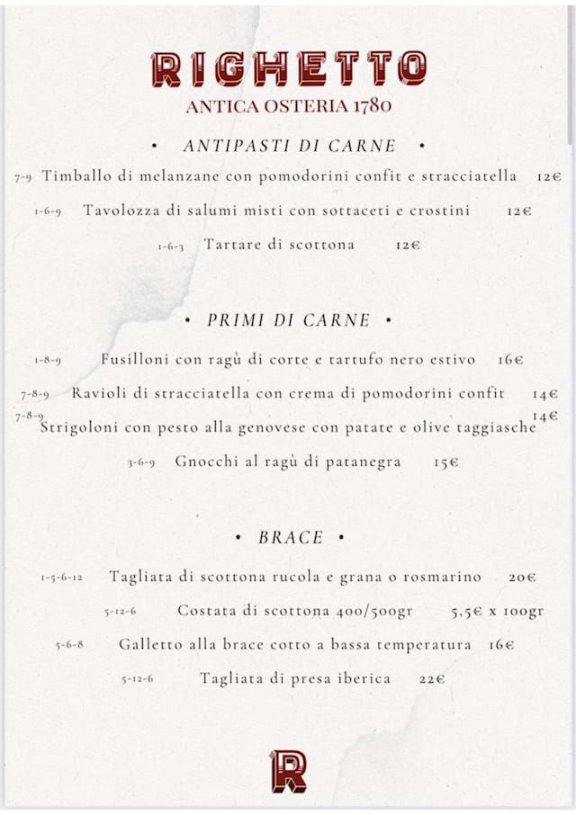 Carte et Menus 2025 - Antica Osteria Righetto à Quinto Di Treviso | TheFork