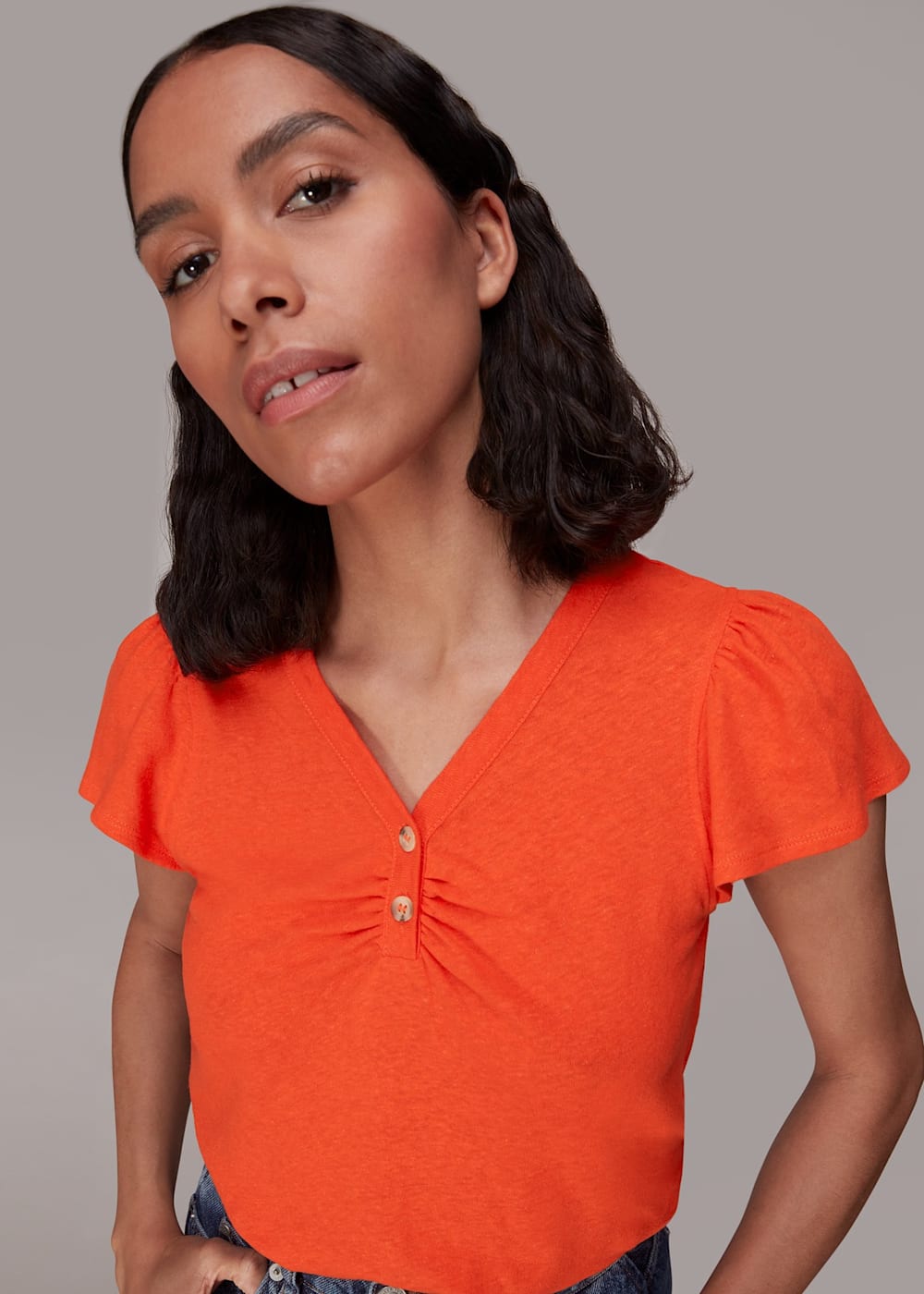 Orange Cada Button Linen Mix Tee WHISTLES Whistles UK