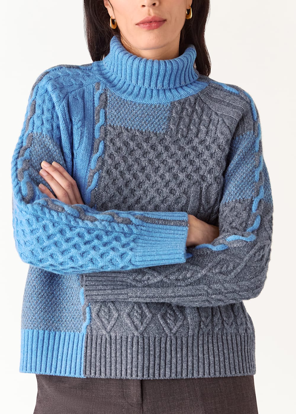 Blue/Multi Patchwork Cable Knit Sweater | WHISTLES Blue/Multi Patchwork Cable Knit Sweater | WHISTLES