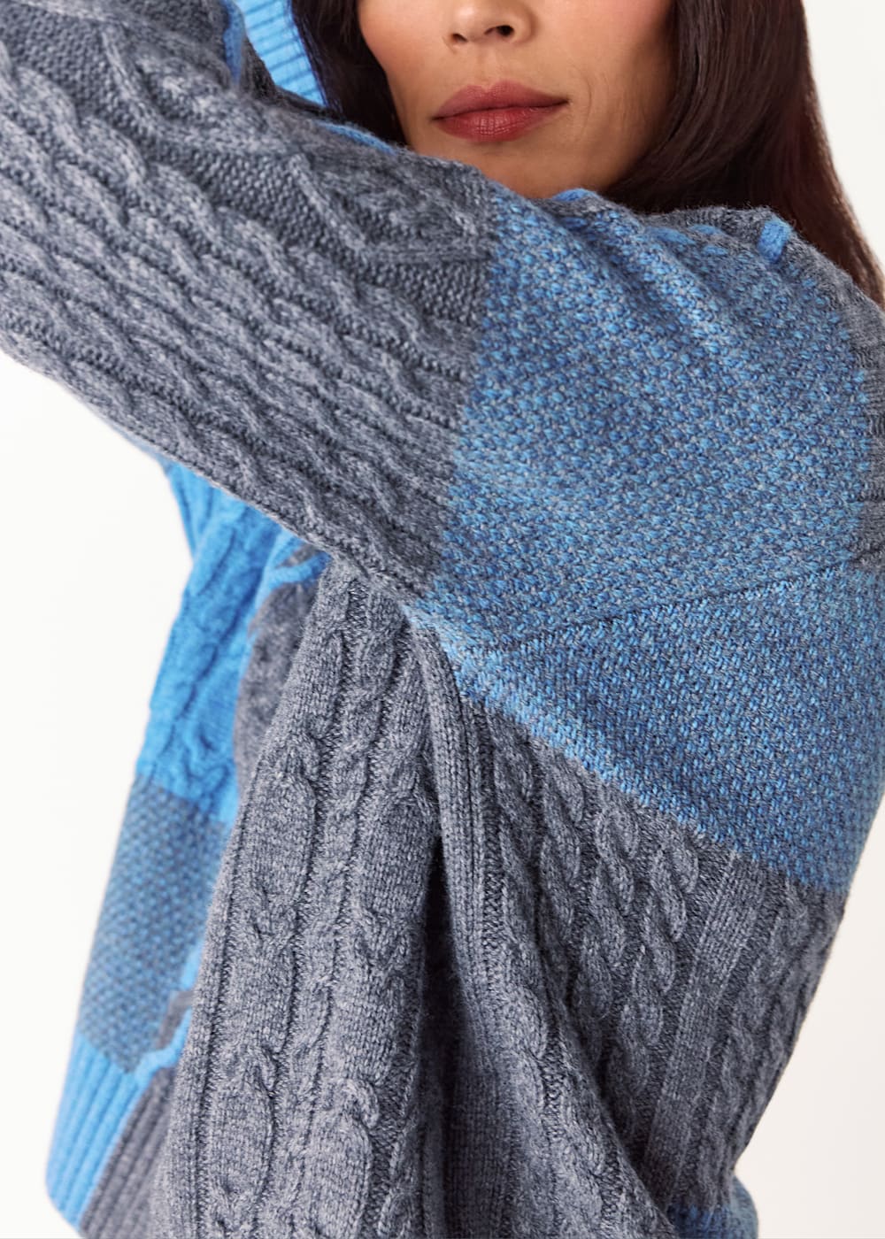 Blue/Multi Patchwork Cable Knit Sweater | WHISTLES Blue/Multi Patchwork Cable Knit Sweater | WHISTLES