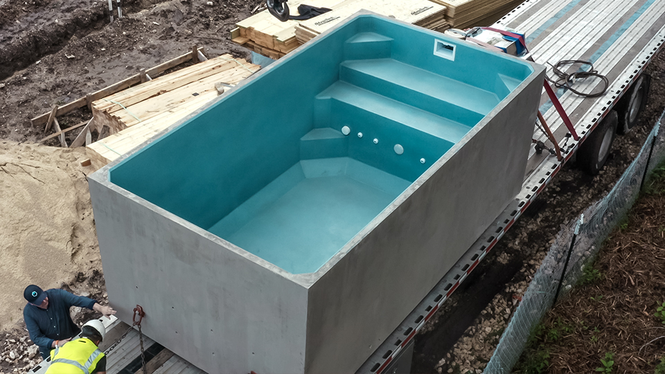 Crane in Pre-Fab CONCRETE POOL - Cheaper! + 2 Day Install!