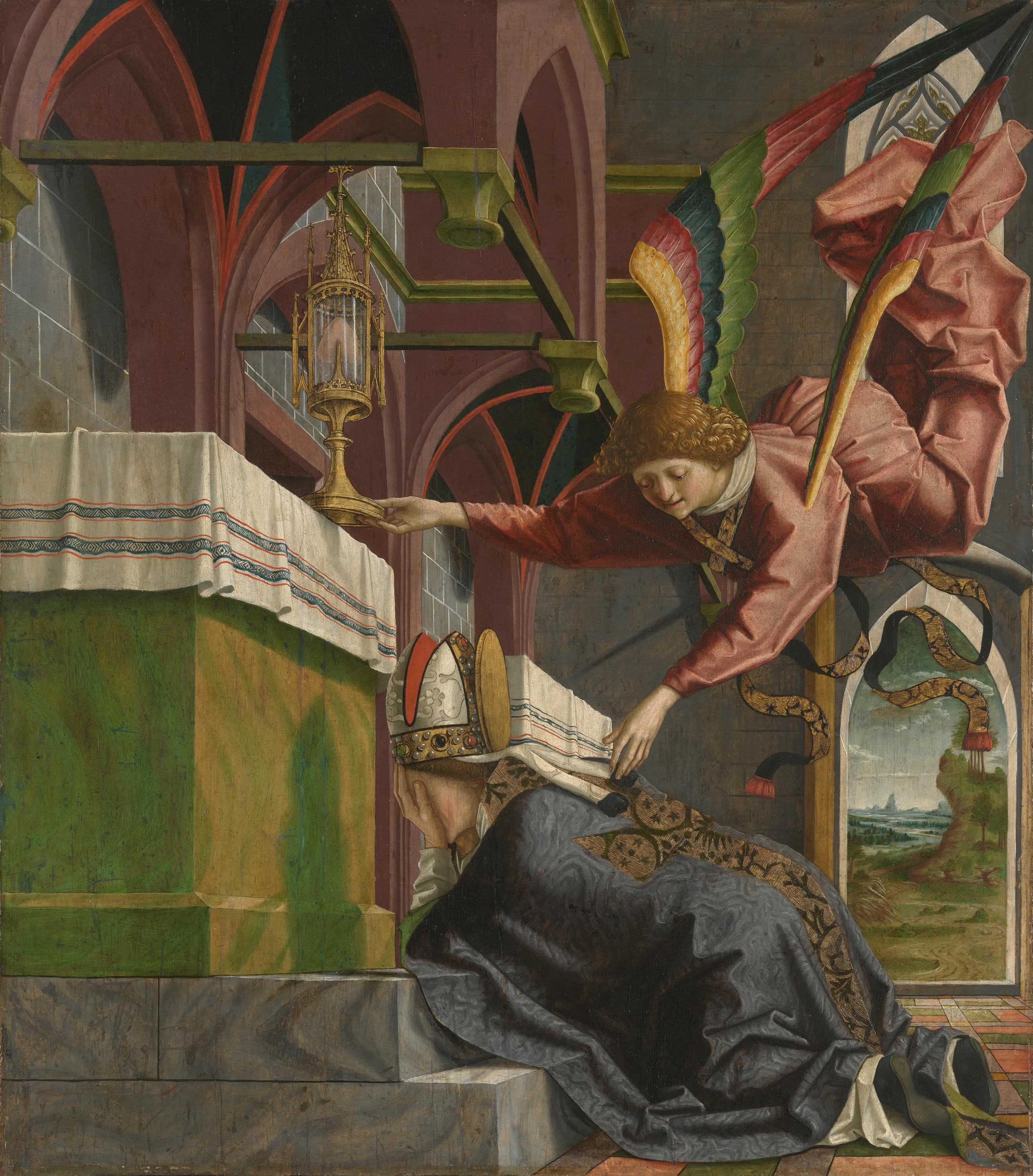 Sammlung | Kirchenväteraltar, Flügelaußenseite: Dem hl. Sigisbertus erscheint ein Engel mit dem ...