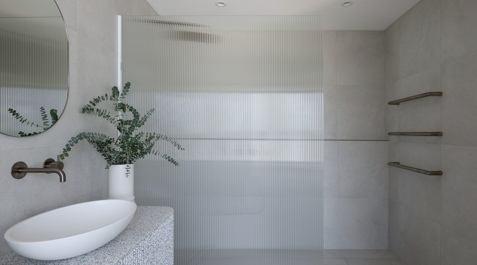 Fluted shower glass connects with cabinetry finish | Trends