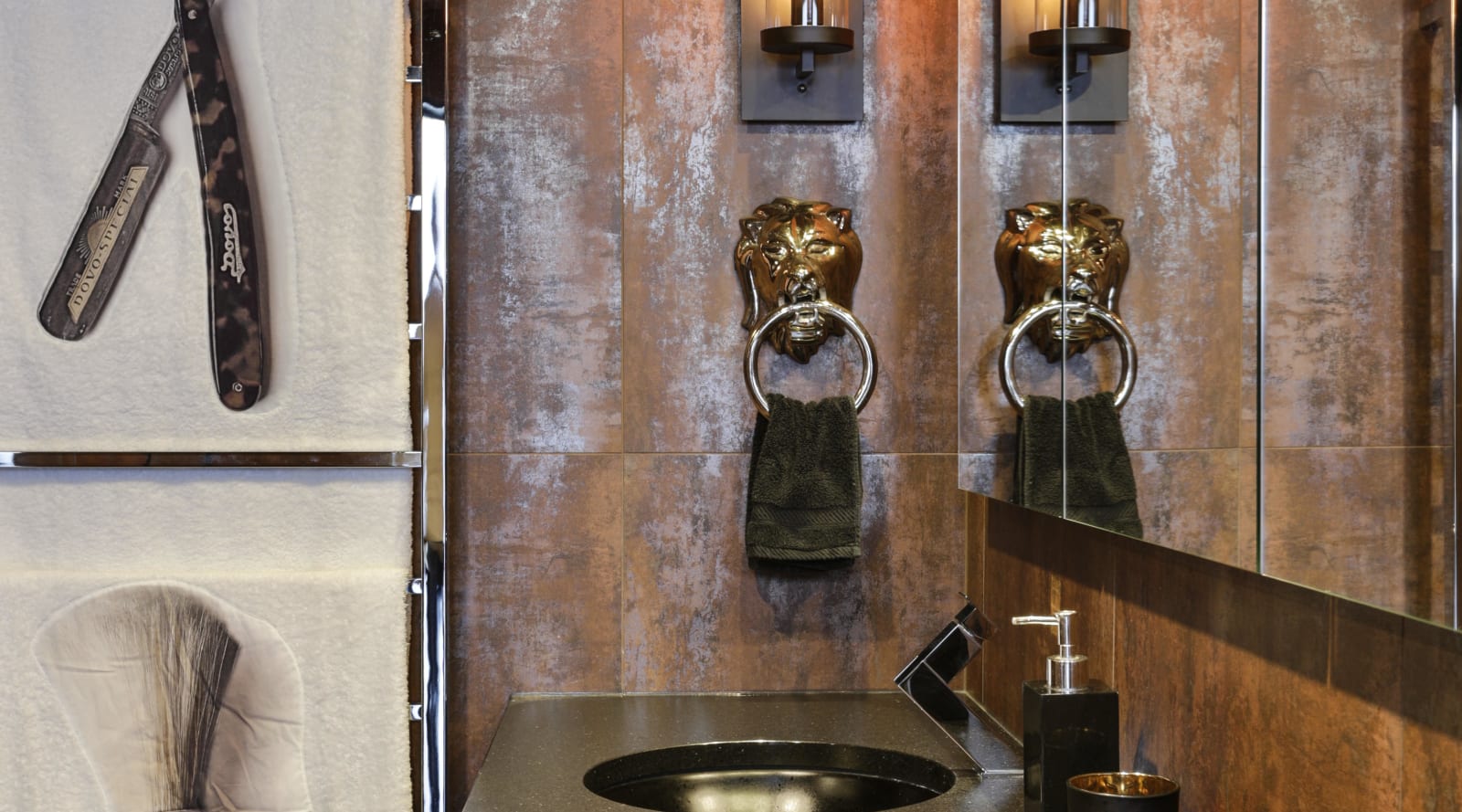 Dramatic bathroom with rust look tiles and black… | Trends