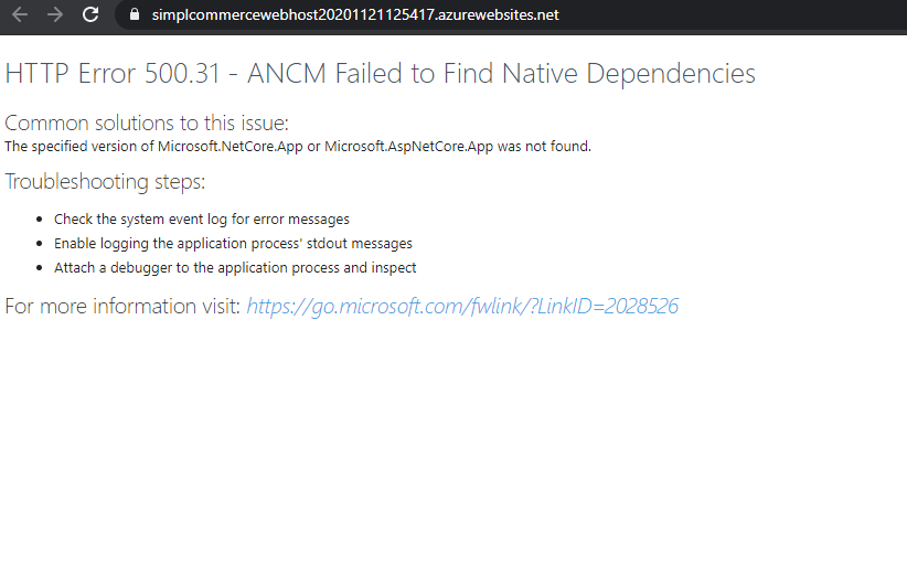 When deploy with Microsoft Azure i get the error "HTTP Error 500.31 - ANCM Failed to Find Native ...